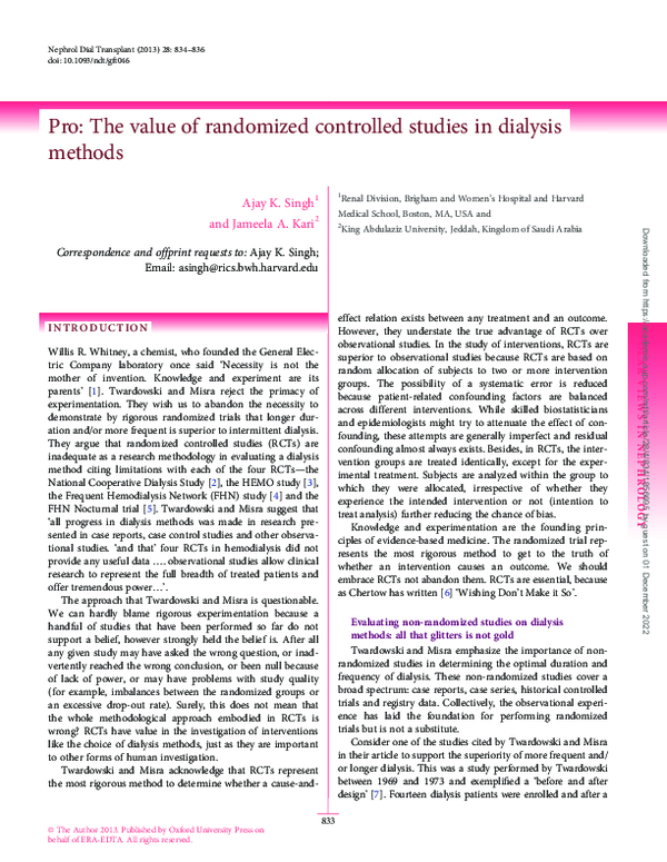 (PDF) Pro: The value of randomized controlled studies in dialysis methods