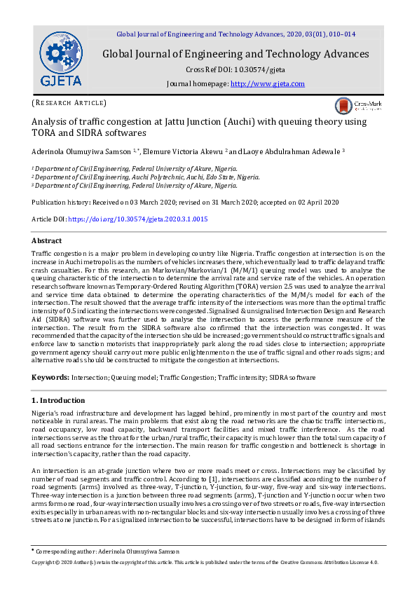 (PDF) Analysis of traffic congestion at Jattu Junction (Auchi) with queuing theory using TORA ...