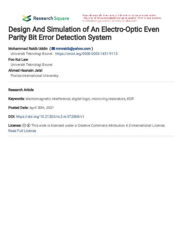 Pdf Design And Simulation Of An Electro Optic Even Parity Bit Error