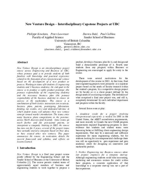 (PDF) New Venture Design – Interdisciplinary Capstone Projects at UBC ...