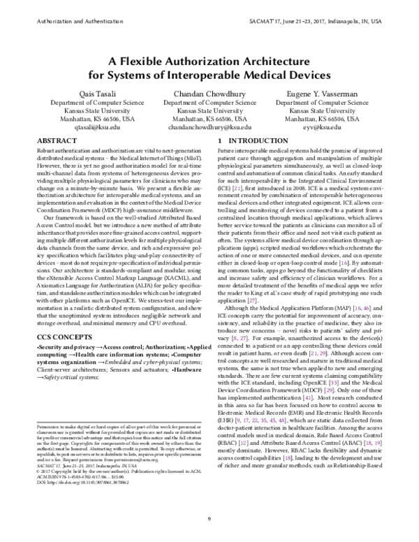 (PDF) A Flexible Authorization Architecture for Systems of Interoperable Medical Devices