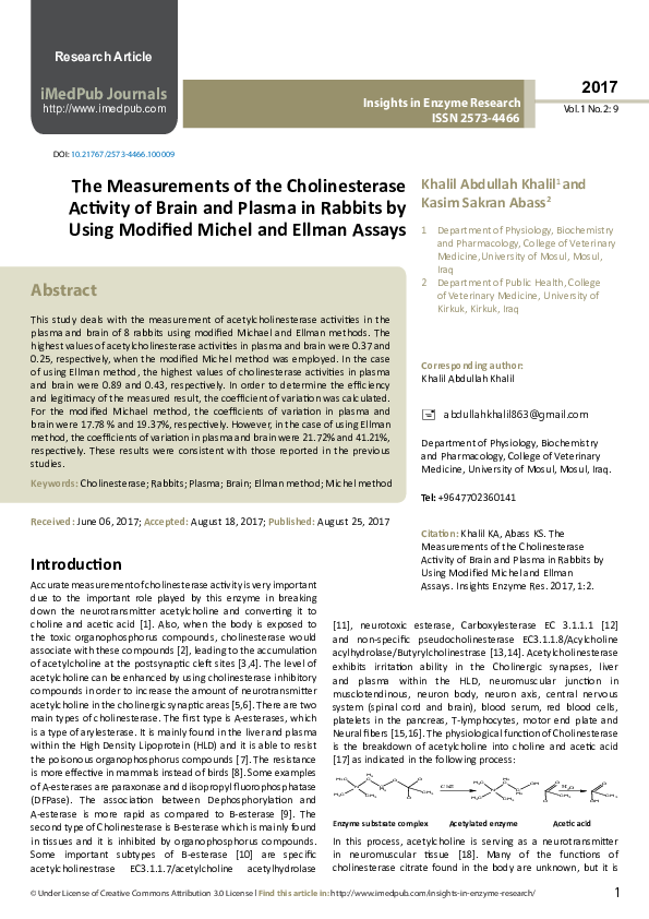 (PDF) The Measurements Of The Cholinesterase Activity Of Brain And ...