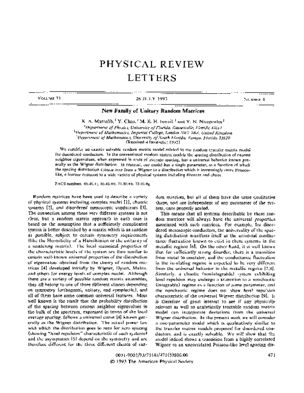 (PDF) New family of unitary random matrices | Mourad Ismail - Academia.edu