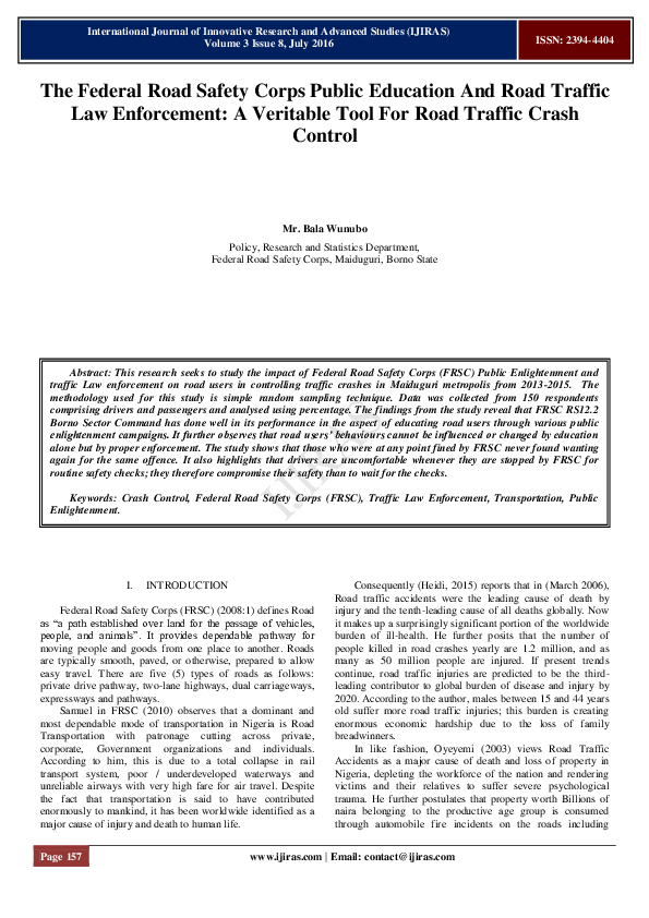 (PDF) The Federal Road Safety Corps Public Education And Road Traffic ...