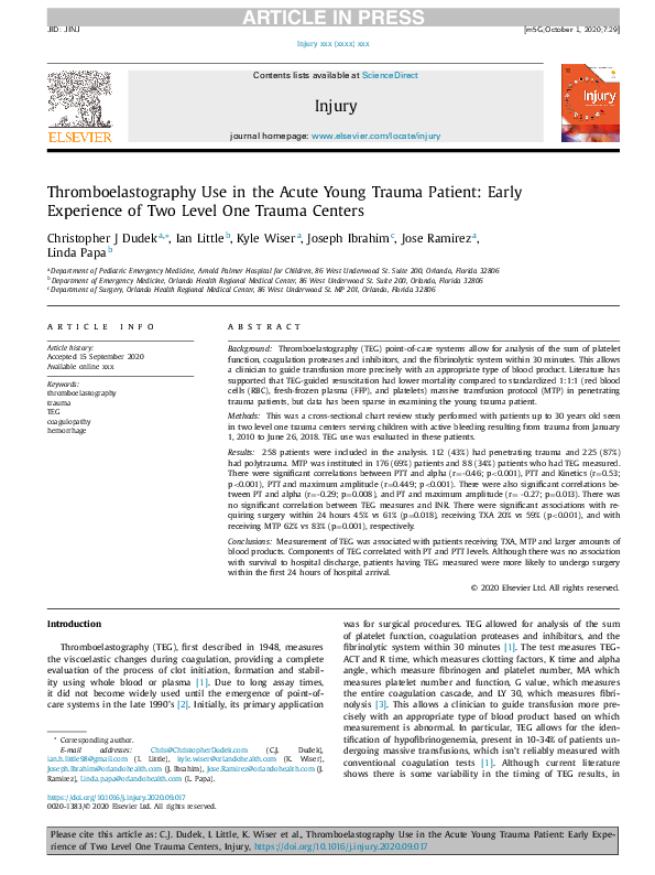 (PDF) Thromboelastography Use in the Acute Young Trauma Patient: Early ...