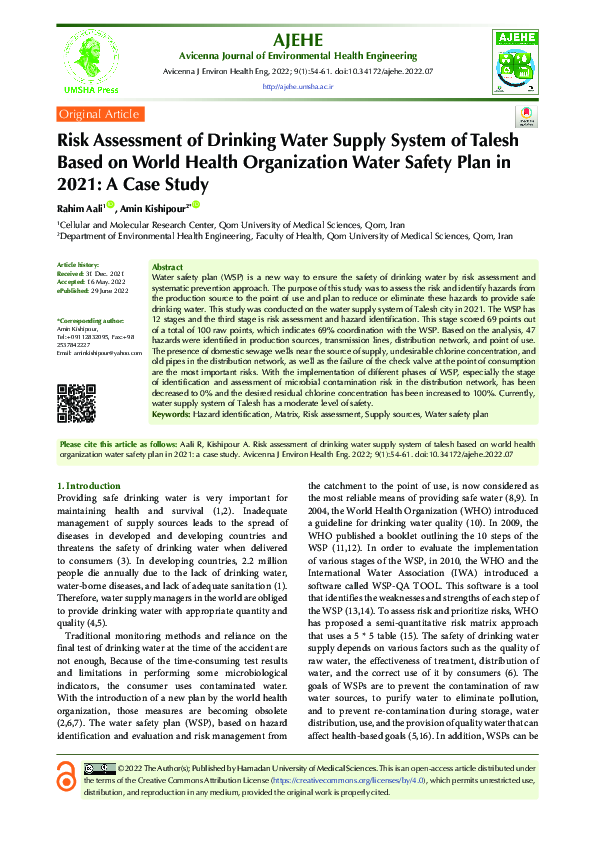 (PDF) Risk Assessment of Drinking Water Supply System of Talesh Based ...