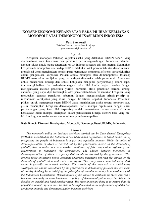 (PDF) Konsep Ekonomi Kerakyatan Pada Pilihan Kebijakan Monopoli Atau ...