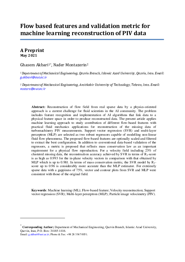 Pdf Reconstruction Of Particle Image Velocimetry Data Using Flow Based Features And Validation