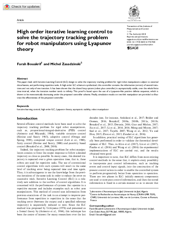 Pdf High Order Iterative Learning Control To Solve The Trajectory Tracking Problem For Robot 