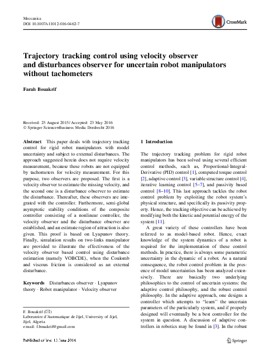 (PDF) Trajectory tracking control using velocity observer and disturbances observer for ...