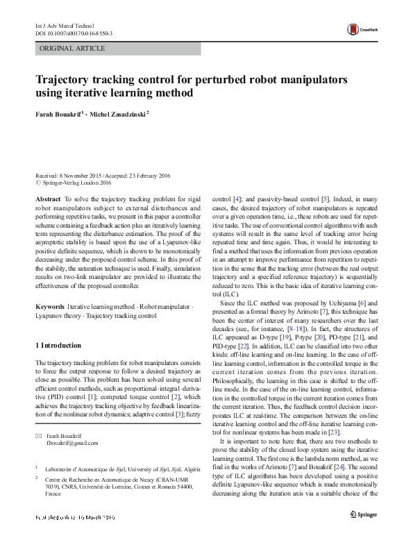 Pdf Trajectory Tracking Control For Perturbed Robot Manipulators Using Iterative Learning Method