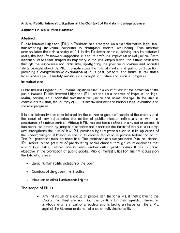 (DOC) Public Interest Litigation in the Context of Pakistani Jurisprudence