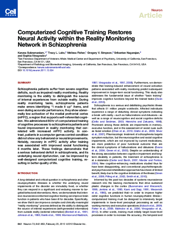 Pdf Computerized Cognitive Training Restores Neural Activity Within The Reality Monitoring