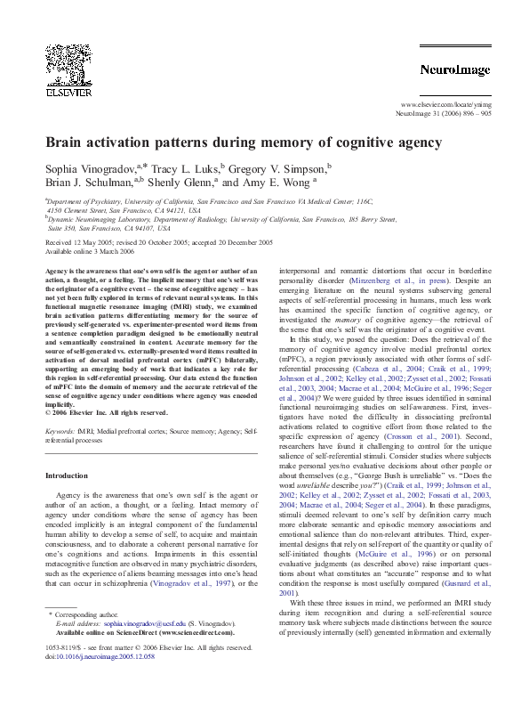 (PDF) Brain activation patterns during memory of cognitive agency