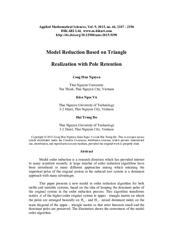(PDF) Model reduction based on triangle realization with pole retention