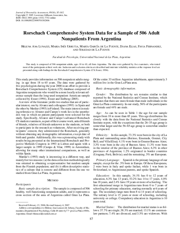 (PDF) Rorschach Comprehensive System Data for a Sample of 506 Adult ...