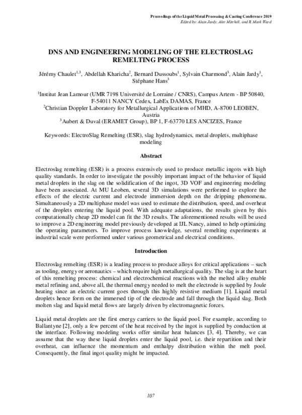 (PDF) DNS and engineering modeling of the Electroslag Remelting process