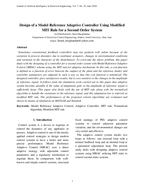 (PDF) Design of a Model Reference Adaptive Controller Using Modified MIT Rule for a Second Order ...