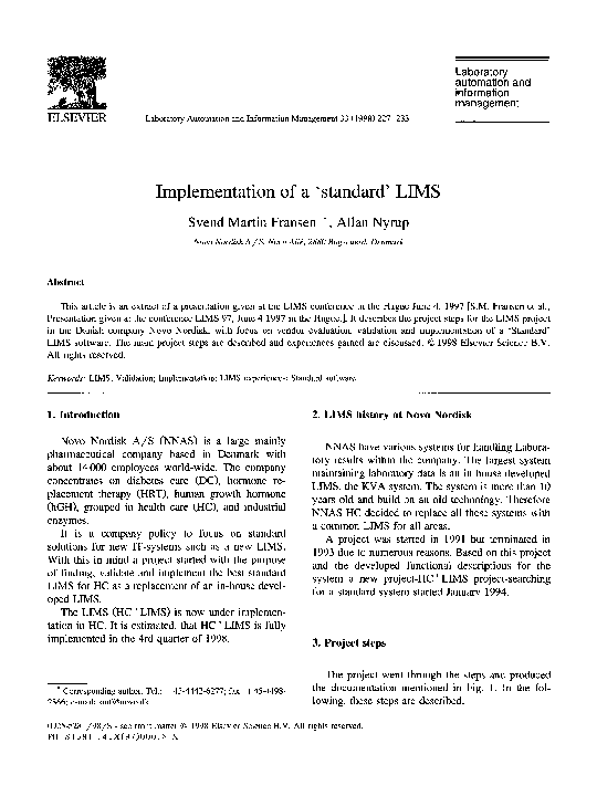 (PDF) Implementation of a 'standard' LIMS