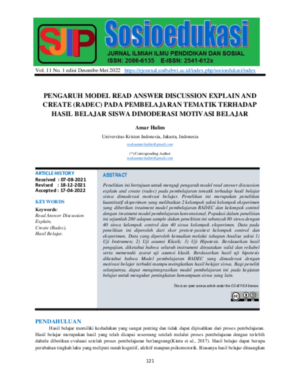(PDF) Pengaruh Model Read Answer Discussion Explain and Create (Radec) Pada Pembelajaran Tematik ...