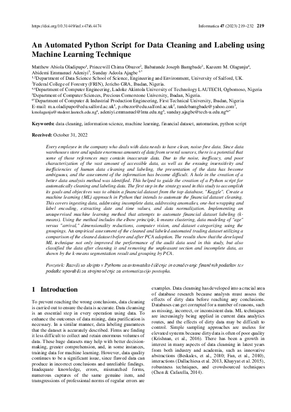 (PDF) An Automated Python Script for Data Cleaning and Labeling using Machine Learning Technique