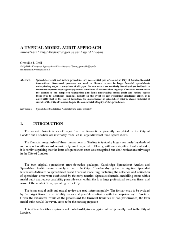 (PDF) A Typical Model Audit Approach: Spreadsheet Audit Methodologies in the City of London