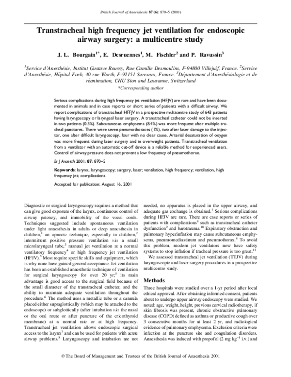(PDF) Transtracheal high frequency jet ventilation for endoscopic ...