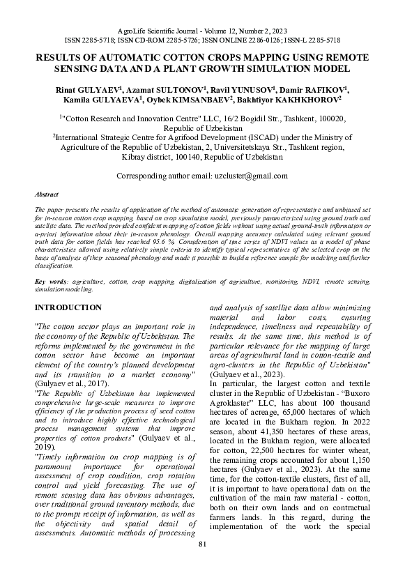 (PDF) RESULTS OF AUTOMATIC COTTON CROPS MAPPING USING REMOTE SENSING ...
