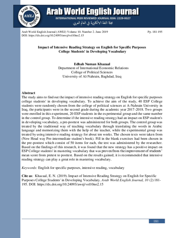 (PDF) Impact of Intensive Reading Strategy on English for Specific ...