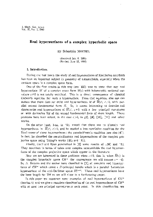 (PDF) Real hypersurfaces of a complex hyperbolic space | Sebastian ...