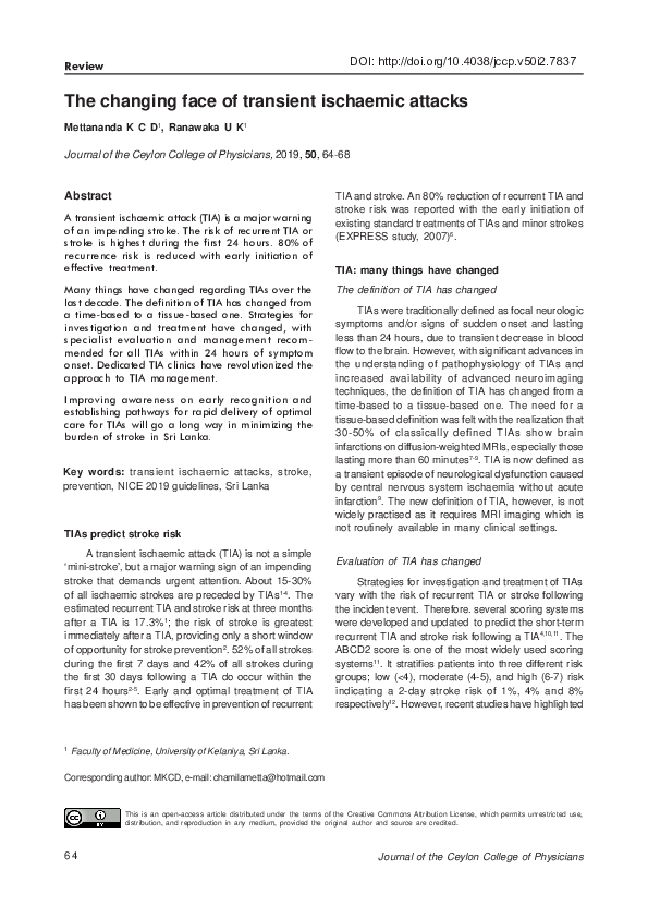(PDF) The changing face of transient ischaemic attacks | Chamila ...