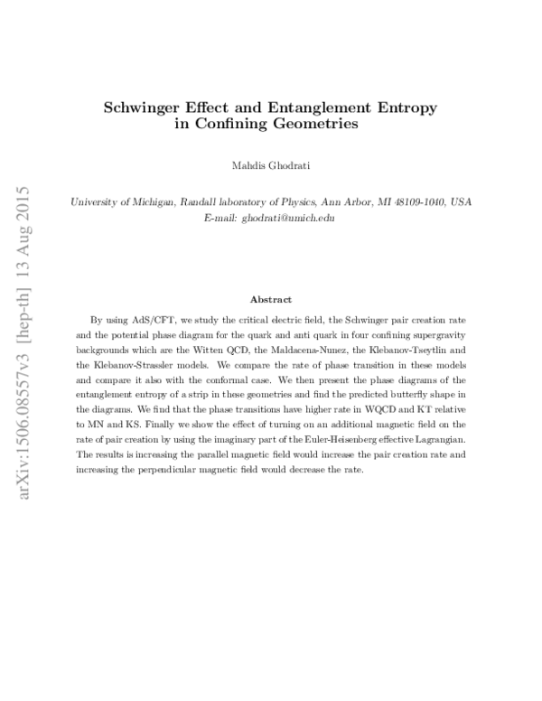 (PDF) Schwinger effect and entanglement entropy in confining geometries