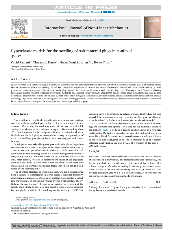(PDF) Hyperelastic models for the swelling of soft material plugs in confined spaces
