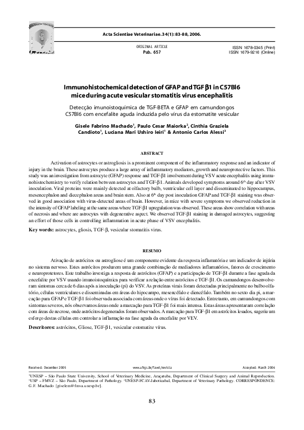 (PDF) GFAP and TGF-β1 in VSV Encephalitis in Mice