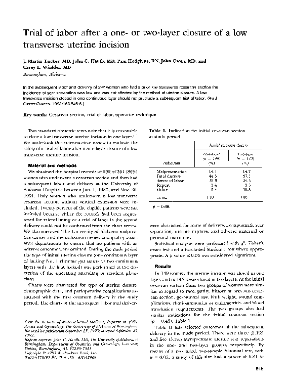 (PDF) Trial of labor after a one- or two-layer closure of a low ...