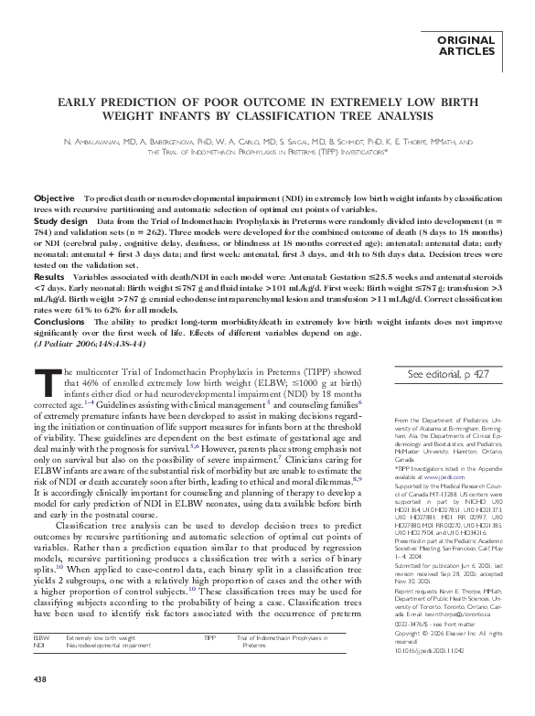 (PDF) Early prediction of poor outcome in extremely low birth weight ...