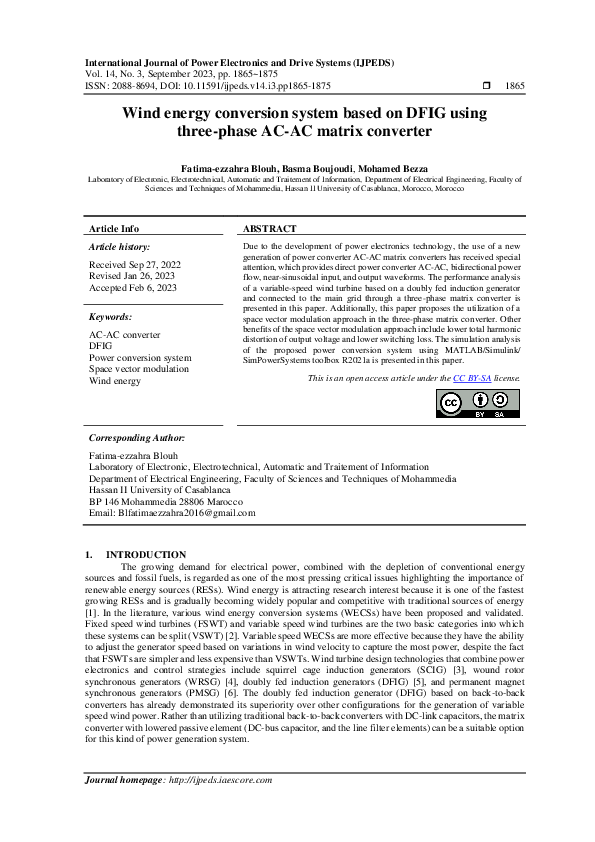 (PDF) DFIG-Based Wind Energy System Using AC-AC Matrix Converter