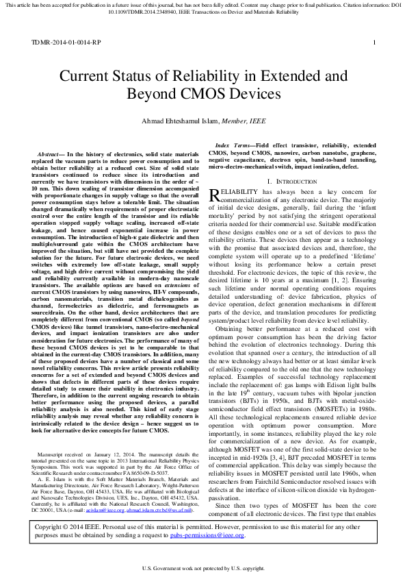 (PDF) Current Status of Reliability in Extended and Beyond CMOS Devices
