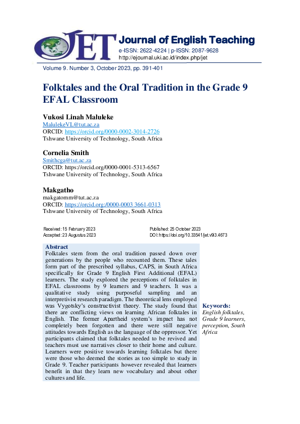 (PDF) Folktales and the Oral Tradition in the Grade 9 EFAL Classroom