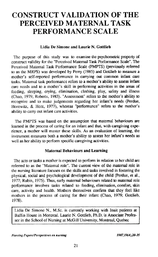 (PDF) Construct Validation of thePerceived Maternal TaskPerformance Scale | Laurie Gottlieb ...