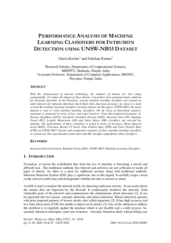 (PDF) Performance Analysis of Machine Learning Classifiers for Intrusion Detection using UNSW ...