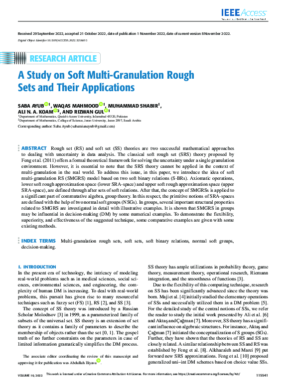 (PDF) A Study on Soft Multi-Granulation Rough Sets and Their Applications