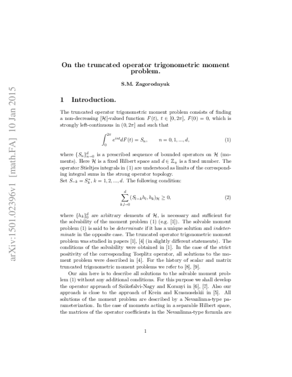 (PDF) On the truncated operator trigonometric moment problem | Sergey ...