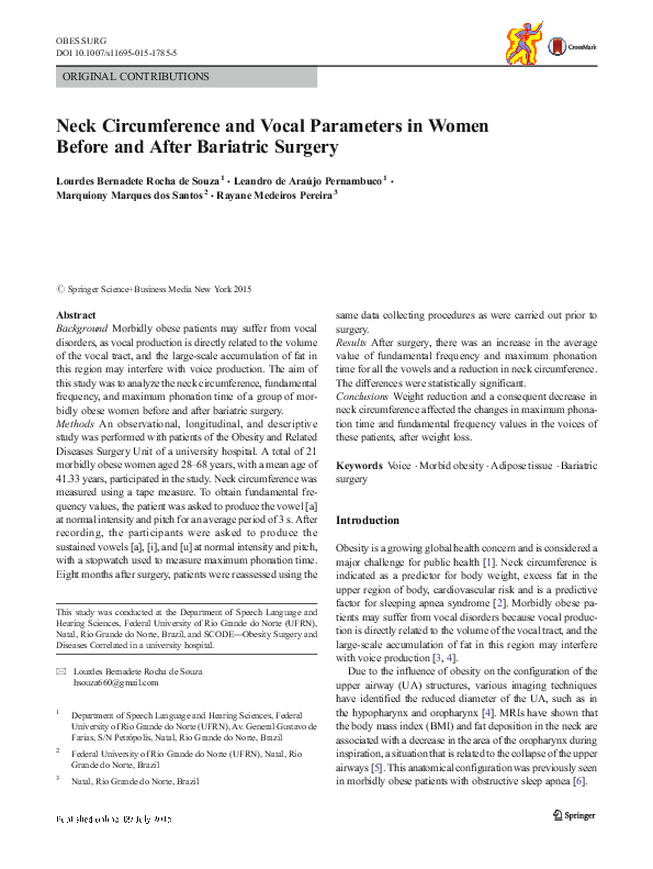 Neck Circumference and Vocal Parameters in Women Before and After ...