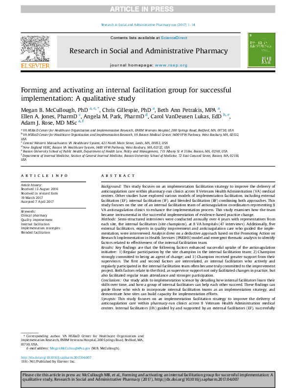 (PDF) Forming and activating an internal facilitation group for successful implementation: A ...
