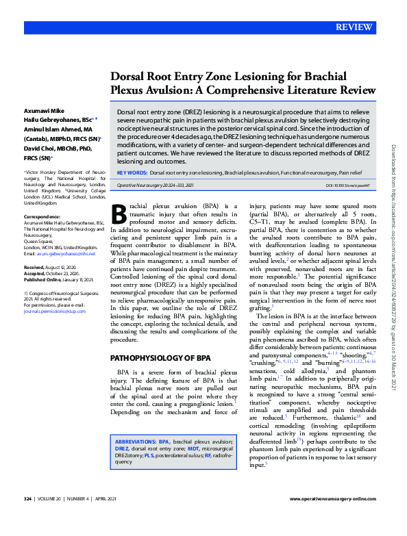 (PDF) Dorsal Root Entry Zone Lesioning for Brachial Plexus Avulsion: A ...