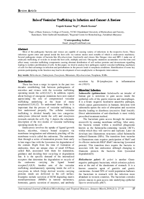 (PDF) Role of Vesicular Trafficking in Infection and Cancer: A Review
