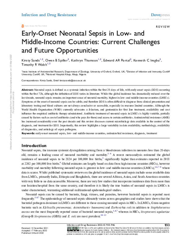 Pdf Early Onset Neonatal Sepsis In Low And Middle Income Countries