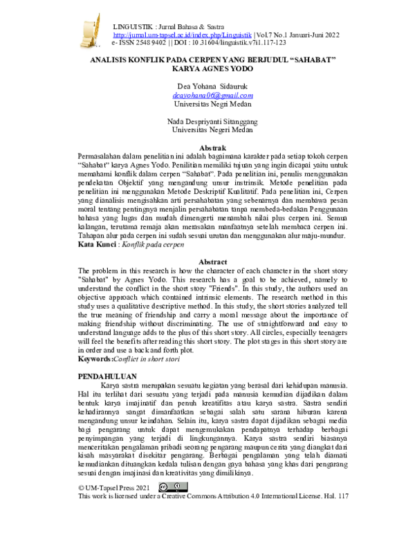 (PDF) Analisis Konflik Pada Cerpen Yang Berjudul “Sahabat” Karya Agnes Yodo