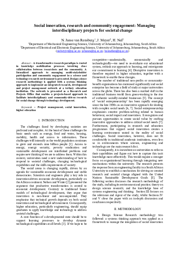 (PDF) Social innovation, research and community engagement: Managing ...